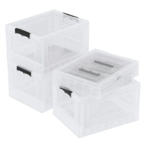 ortodayes 30 liter plastic foldiable storage box, collapsible bins with lid set of 4, clear