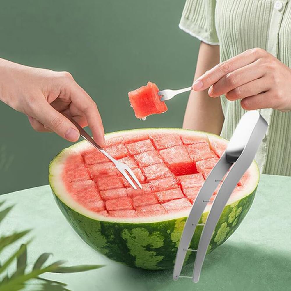 Watermelon Cutter Slicer Tool Stainless Steel Cutting Watermelon Into Cubes Watermelon Knife, Useful Cool Kitchen Gadgets for Watermelon Lover Make Juice Fruit Salad