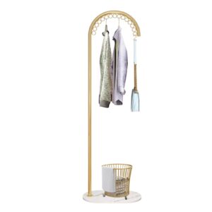 cqaebk metal coat rack freestanding, entryway clothes hanger stand with 15 hooks & marble base, l shaped garment display rack for living room retail bathroom, gold/white, 19.7x11.8x63.8in