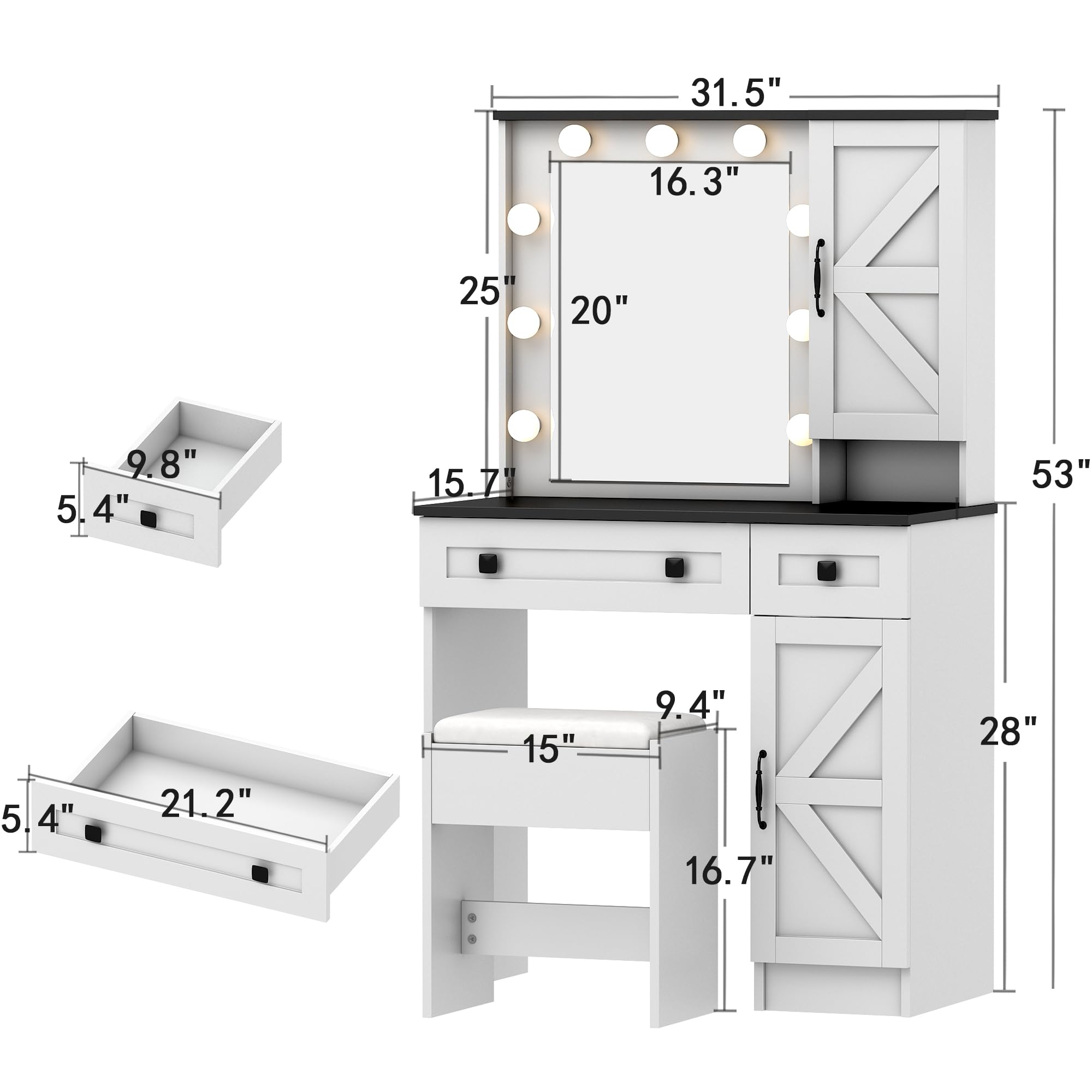 31.5" Makeup Vanity Desk with Mirror and Light, Farmhouse White Vanity with Power Outlet 2 Drawers, 3 Color Lighting Mode, Bedroom Vanity Desk for Girl, Women (31.5inch)