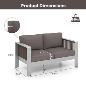 Tangkula Patio Aluminum Loveseat Sofa, Outdoor Furniture Set with Thick Back & Seat Cushions, Outside 2 Seats Sofa Conversation Set for Yard, Balcony, Garden (Gray)