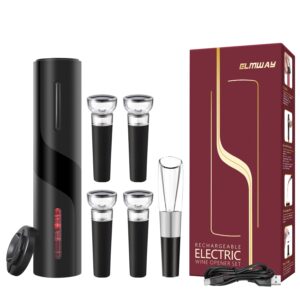 elmway electric wine opener set, rechargeable wine bottle opener with foil cutter / 4 x vacuum stoppers/premium wine aerator pourer, wine corkscrew remover, automatic wine opener gifts(black)