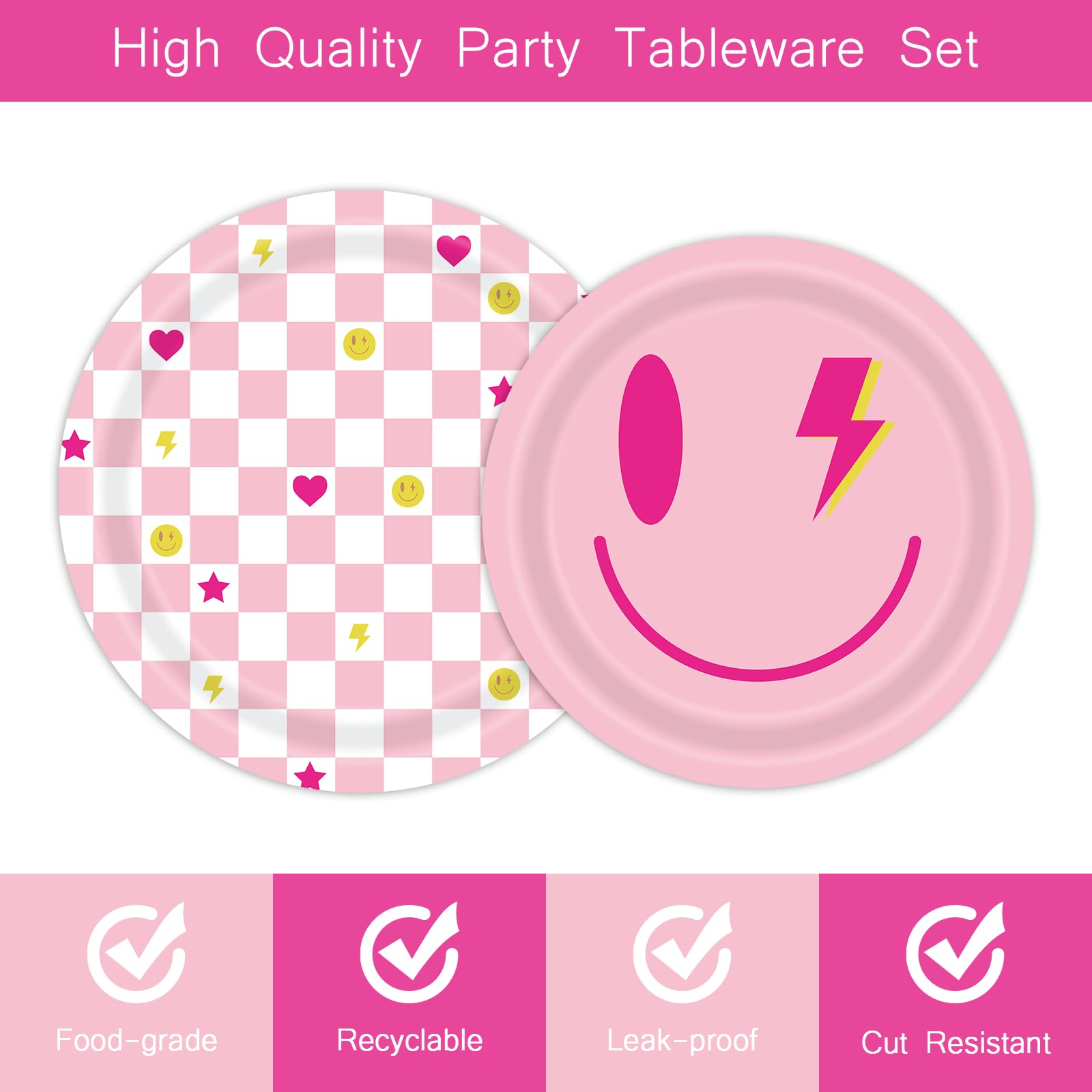 96 Pieces Preppy Birthday Tableware Set Smile Face Party Decorations for Girls Pink Preppy Smile Dessert Plates Napkins Forks for 24 Guests Bachelorette Baby Shower Supplies