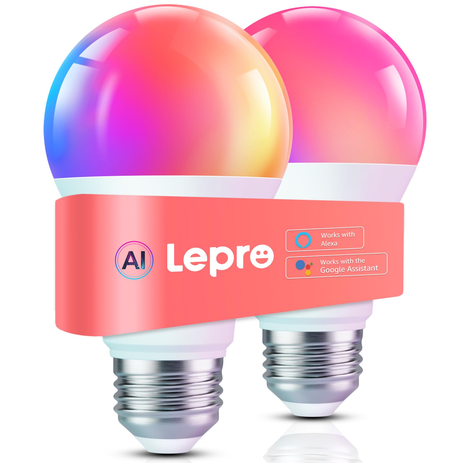 Lepro B1 AI Smart Light Bulbs - WiFi & Bluetooth RGBWW Color Changing LED Bulb Compatible with Alexa & Google Assistant, AI Generated Lighting LLM, AI Voice Control, Music Sync, 2.4GHz Only, 2 Packs