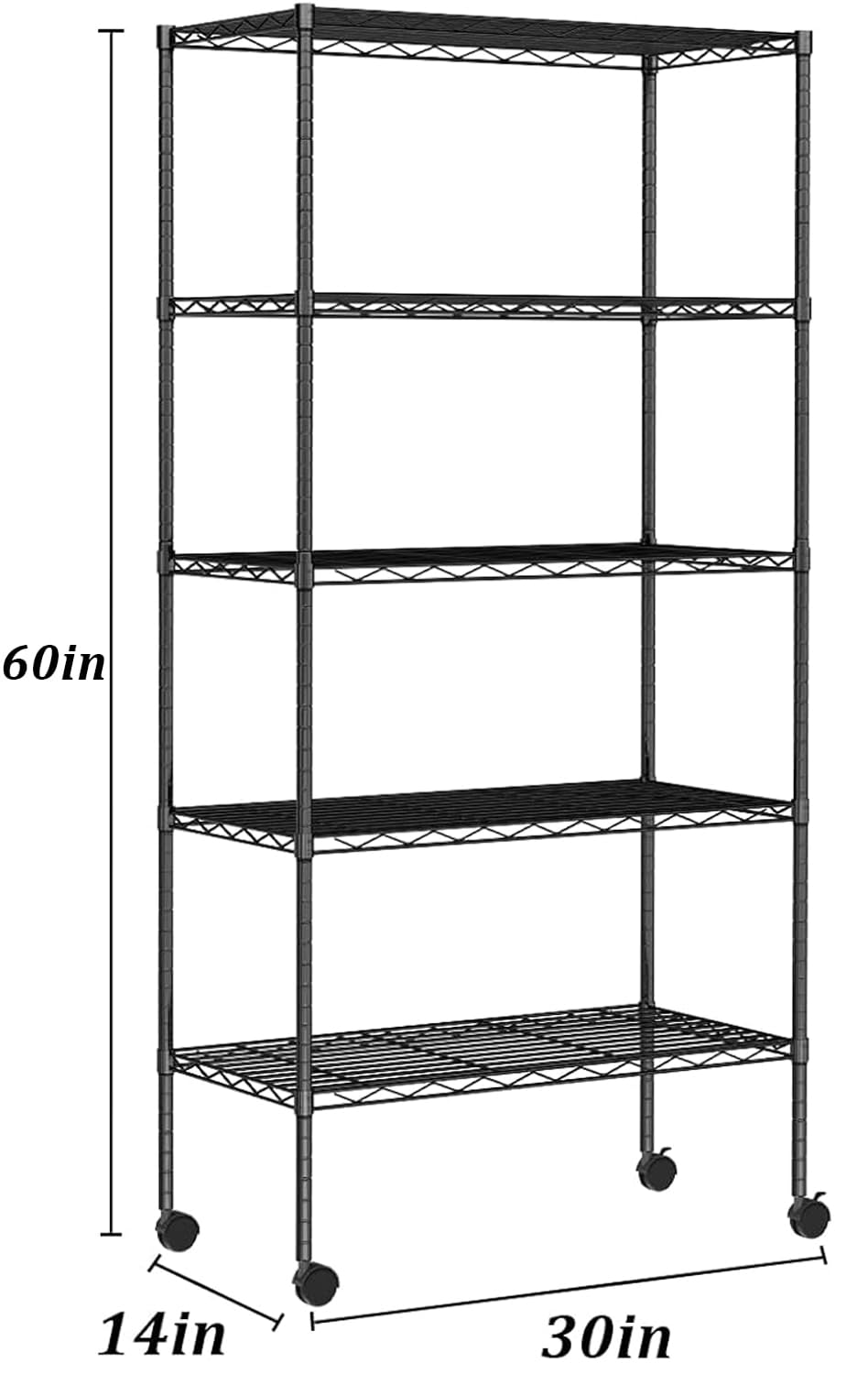 BSTOPHKL Wire Shelving Storage Shelf 5 Tier Wire Shelves Unit, 1500lbs Capacity Adjustable Rolling Metal Racks with Wheels,Metro Shelving Heavy Duty for Kitchen, 30" D x 14" W x 60" H, Black