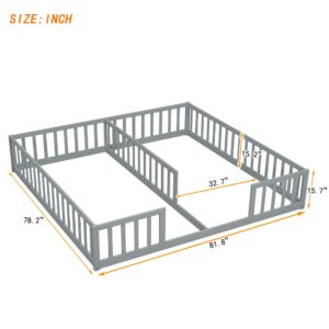 Mirightone Double Twin Bed Frames for Kids, Wood Montessori Bed with Fence Guardrails, Double Twin Floor Bed Side by Side for Boys Girls Children, Grey