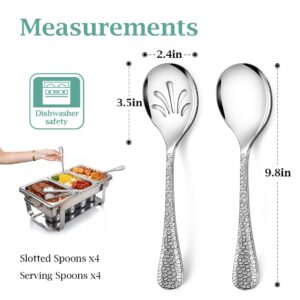 Teivio Hammered Stainless Steel Metal Serving Utensils Set of 8, 10" Serving Spoons, 10" Slotted Spoons, Large Hostess Serving Set for Parties Chafing Dish Buffet Catering (Silver)