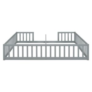 Mirightone Double Twin Bed Frames for Kids, Wood Montessori Bed with Fence Guardrails, Double Twin Floor Bed Side by Side for Boys Girls Children, Grey