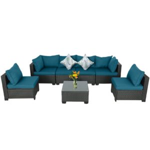 tinasuus patio furniture sets 7 pieces, outdoor sectional sets all weather conversation patio sofa w cushions and glass coffee table for porch poolside backyard deck lawn (peacock blue)