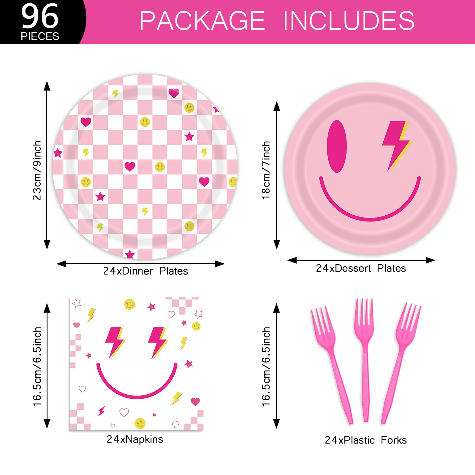 96 Pieces Preppy Birthday Tableware Set Smile Face Party Decorations for Girls Pink Preppy Smile Dessert Plates Napkins Forks for 24 Guests Bachelorette Baby Shower Supplies