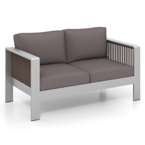 tangkula patio aluminum loveseat sofa, outdoor furniture set with thick back & seat cushions, outside 2 seats sofa conversation set for yard, balcony, garden (gray)