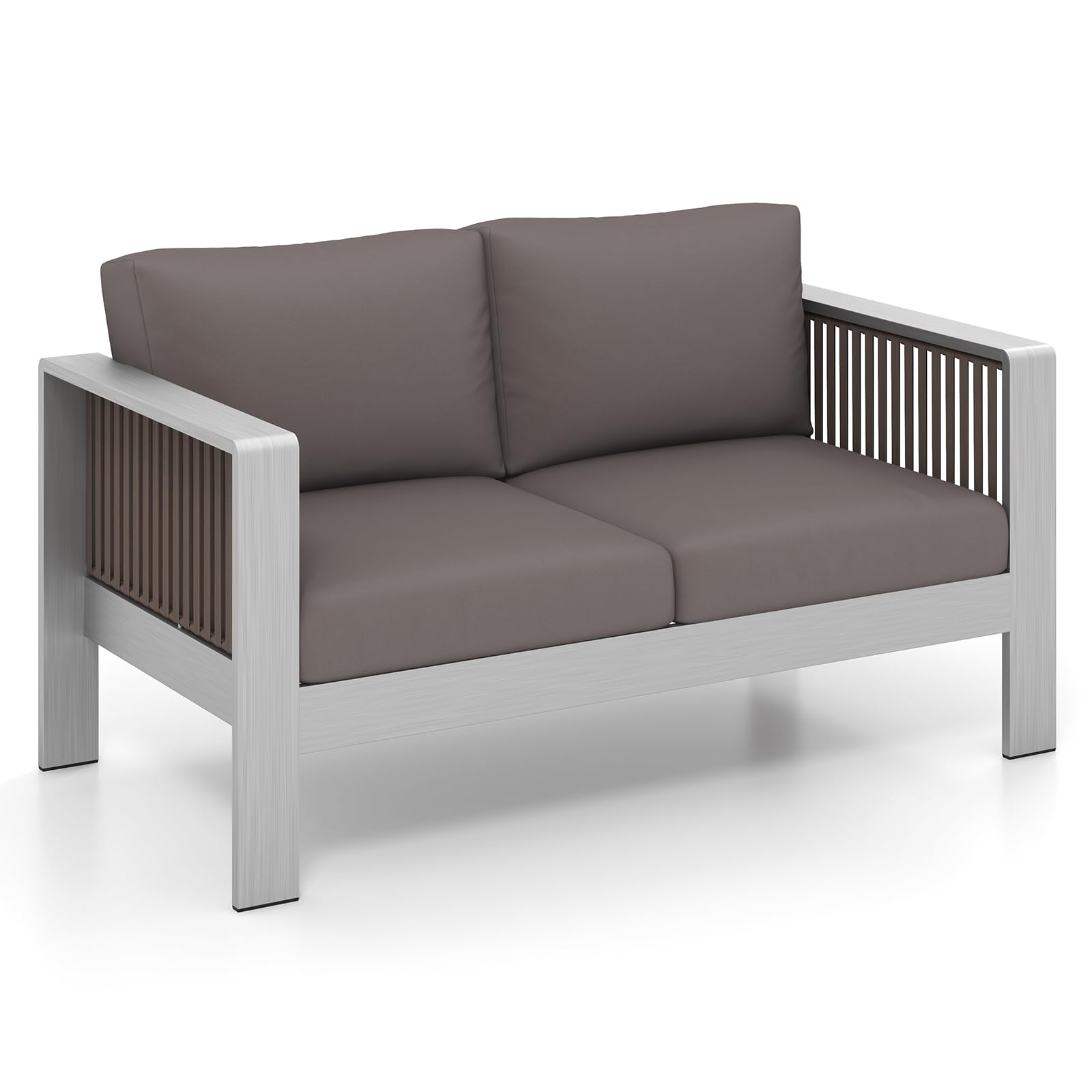 Tangkula Patio Aluminum Loveseat Sofa, Outdoor Furniture Set with Thick Back & Seat Cushions, Outside 2 Seats Sofa Conversation Set for Yard, Balcony, Garden (Gray)