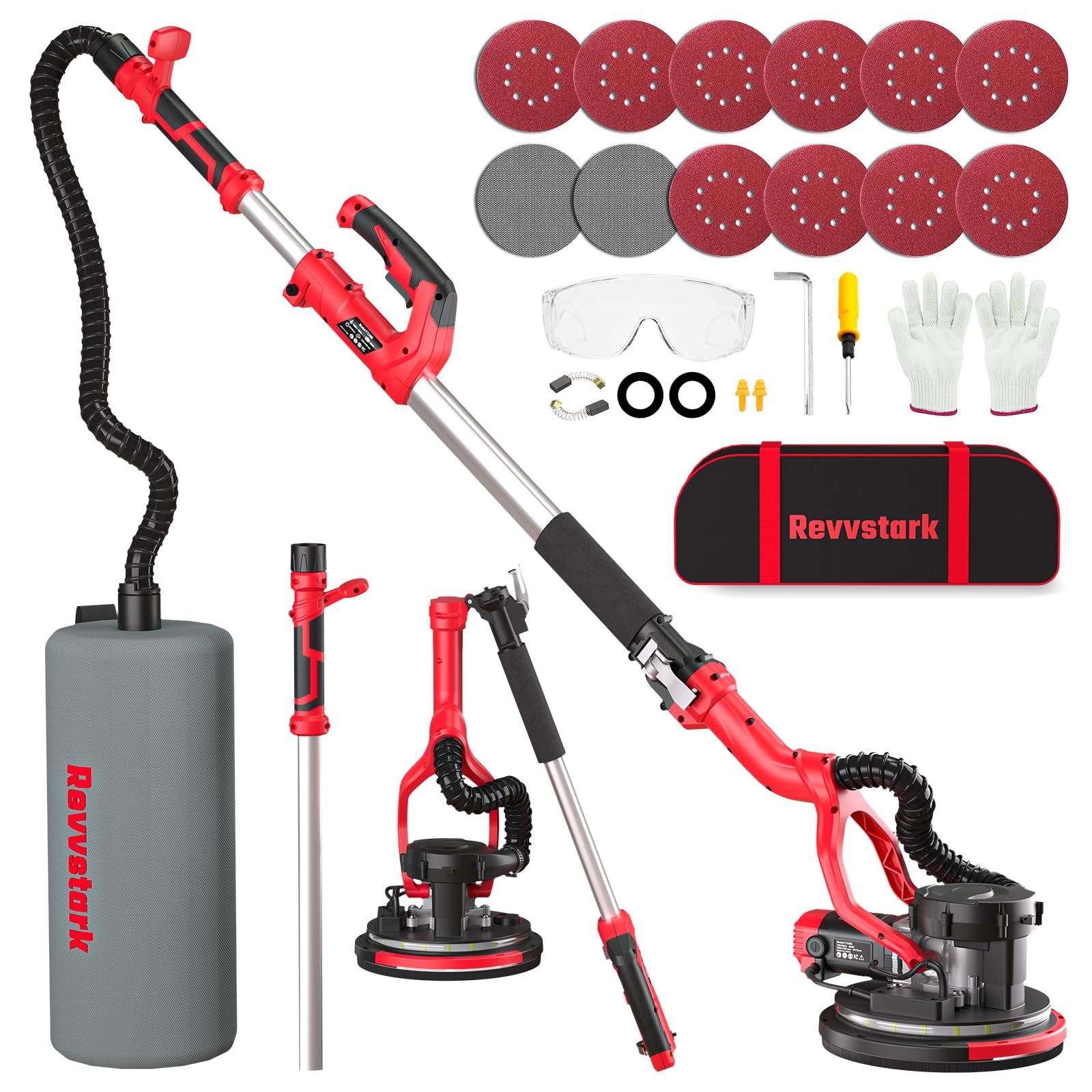 Revvstark Drywall Sander, Electric Drywall Sander with Vacuum Dust Collection 7.33-Amp 880W, Floor Sanders 5 Variable Speed 500-1800RPM with LED Light, 10 Pcs Sanding Discs & 2 Pcs Grid Sandpaper—Red