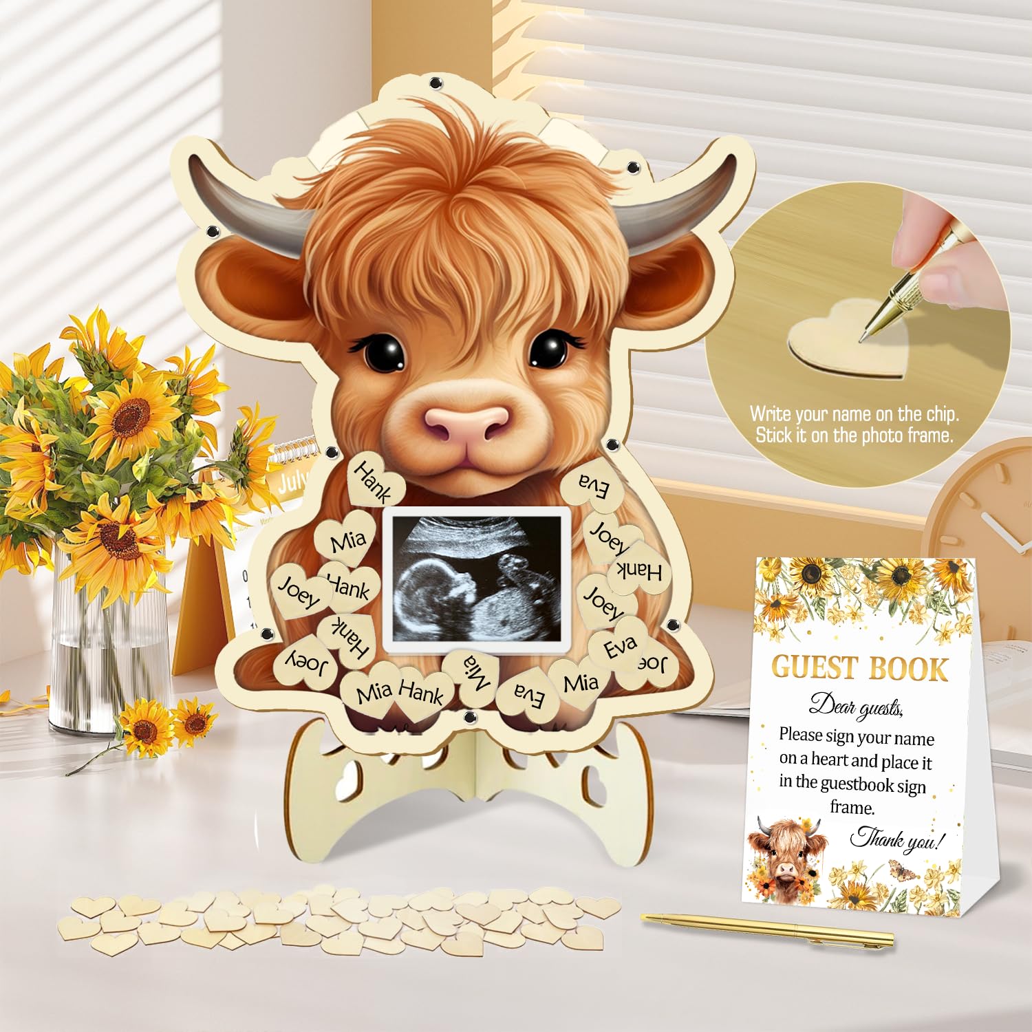 generic 65 Pcs Highland Cow Baby Shower Decorations Guest Book, Baby Shower Guest Book Alternatives with Photo Frame, 60 Wood Slices Cow Baby Shower Guest Book for Boys Grils Baby Shower