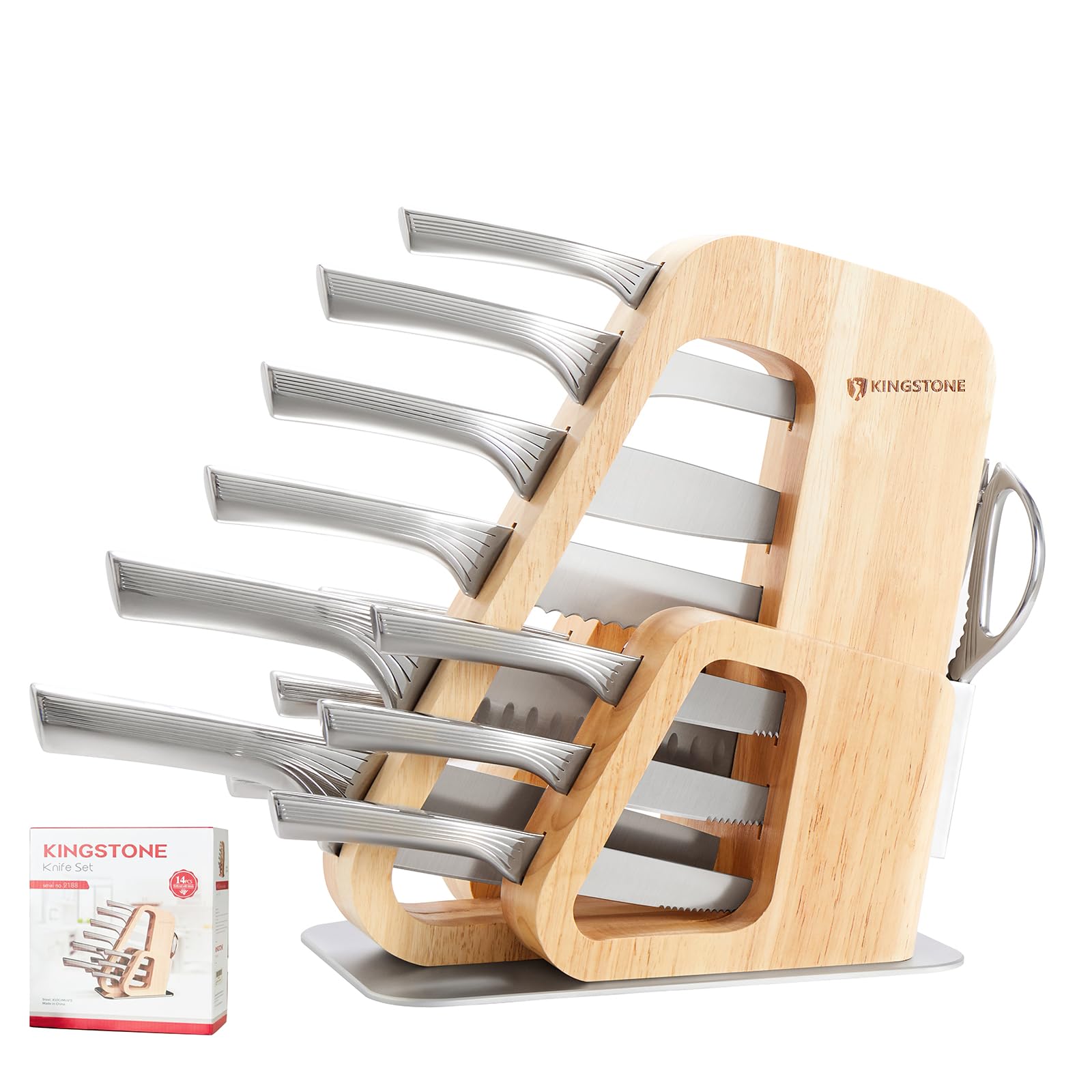 KINGSTONE 14 Pcs Kitchen Knife Set with Block, German Stainless Steel Knife Set with Built-in Sharpener, Dishwasher Safe Knife Block Set(natural, 14pcs)