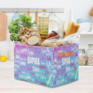 KFNHN Personalized Foldable Storage Basket with Name, Laundy Hamper Dirty Clothes Pet Toys Storage Bin with Handles for Shelf Home Closet Kitchen, Gradient Purple Blue Glitters Print