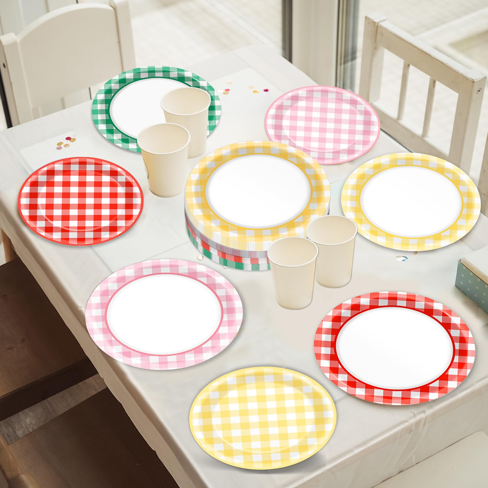 ojustbeok 48 Pcs Camp Gingham Paper Plates Gingham Checkered Bachelorette Party Supplies Glamping Birthday Dinner Plates Summer Bridal Shower Decorations Camping Themed Party Favors Baby Shower