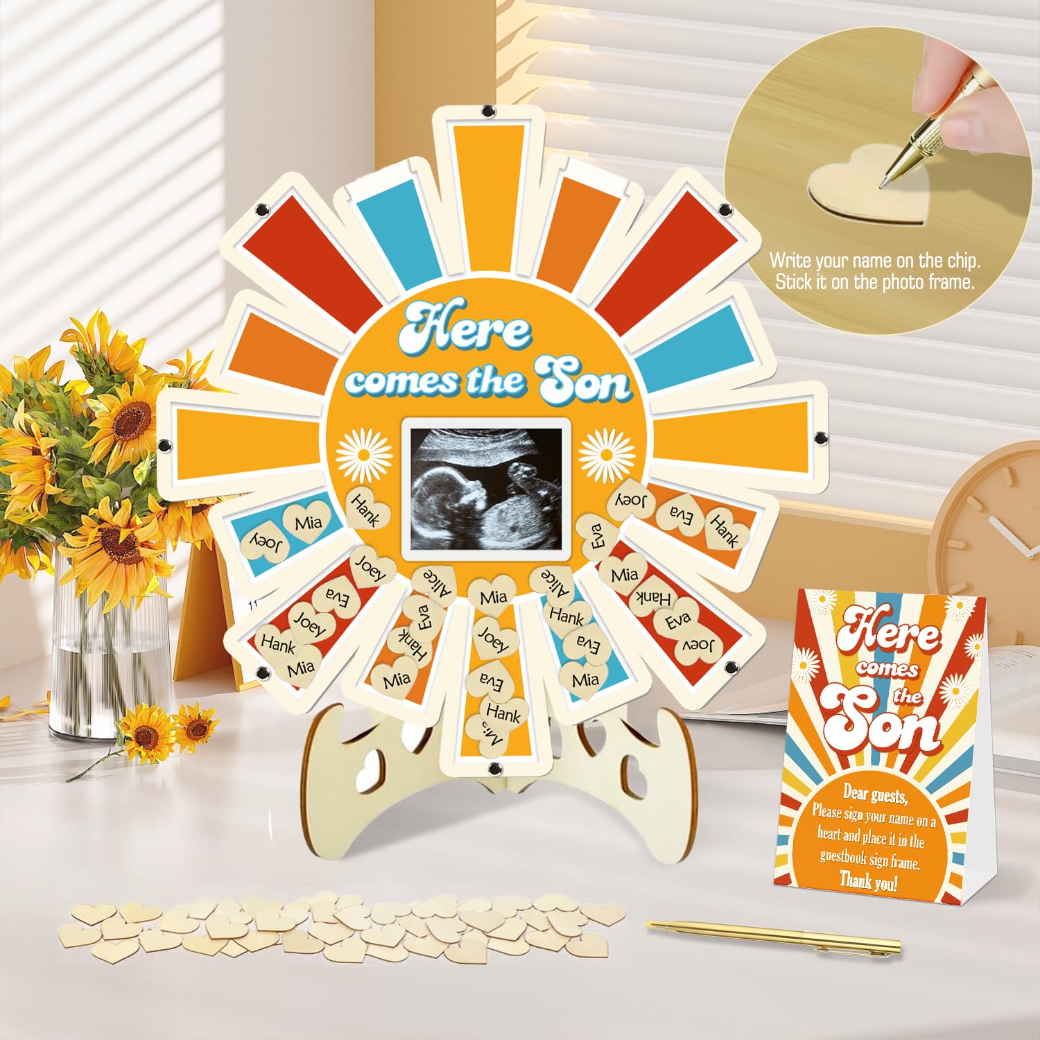 65 Pcs Here Comes The Son Baby Shower Decorations Guest Book, Here Comes The Son Baby Shower Guest Book with Photo Frame, 60 Wood Slices Baby Shower Guest Book Alternatives for Boys Kids Baby Shower