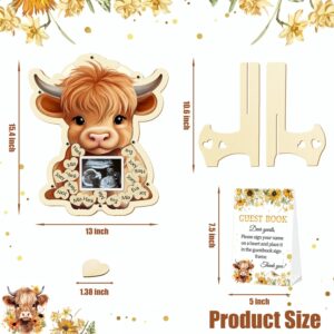 generic 65 Pcs Highland Cow Baby Shower Decorations Guest Book, Baby Shower Guest Book Alternatives with Photo Frame, 60 Wood Slices Cow Baby Shower Guest Book for Boys Grils Baby Shower