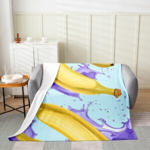 kids yellow banana blanket queen 90x90,cartoon fruit throw blanket,purple water banana fleece blanket,summer tropical food bed blanket for home room decor,luxury soft microfiber