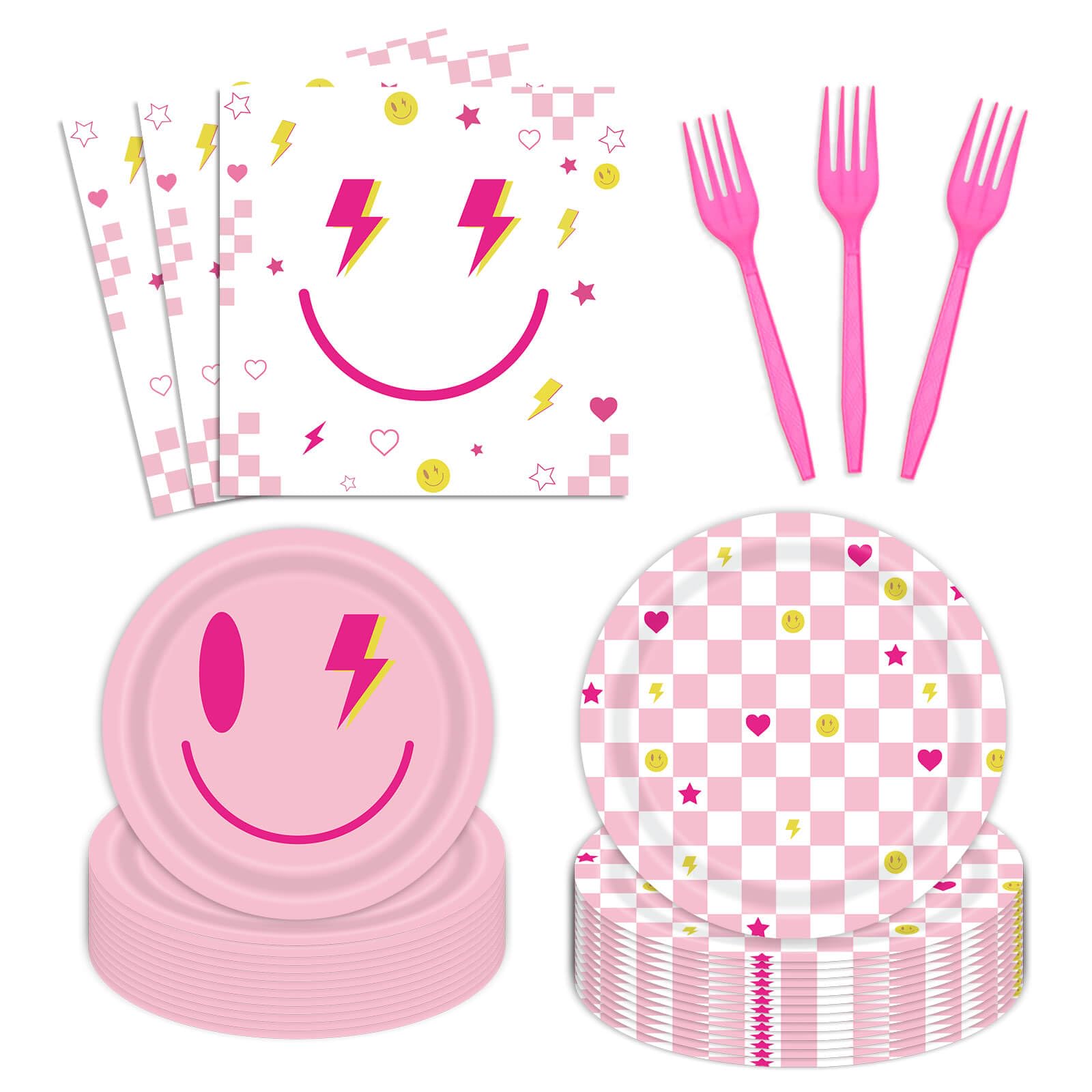 96 Pieces Preppy Birthday Tableware Set Smile Face Party Decorations for Girls Pink Preppy Smile Dessert Plates Napkins Forks for 24 Guests Bachelorette Baby Shower Supplies