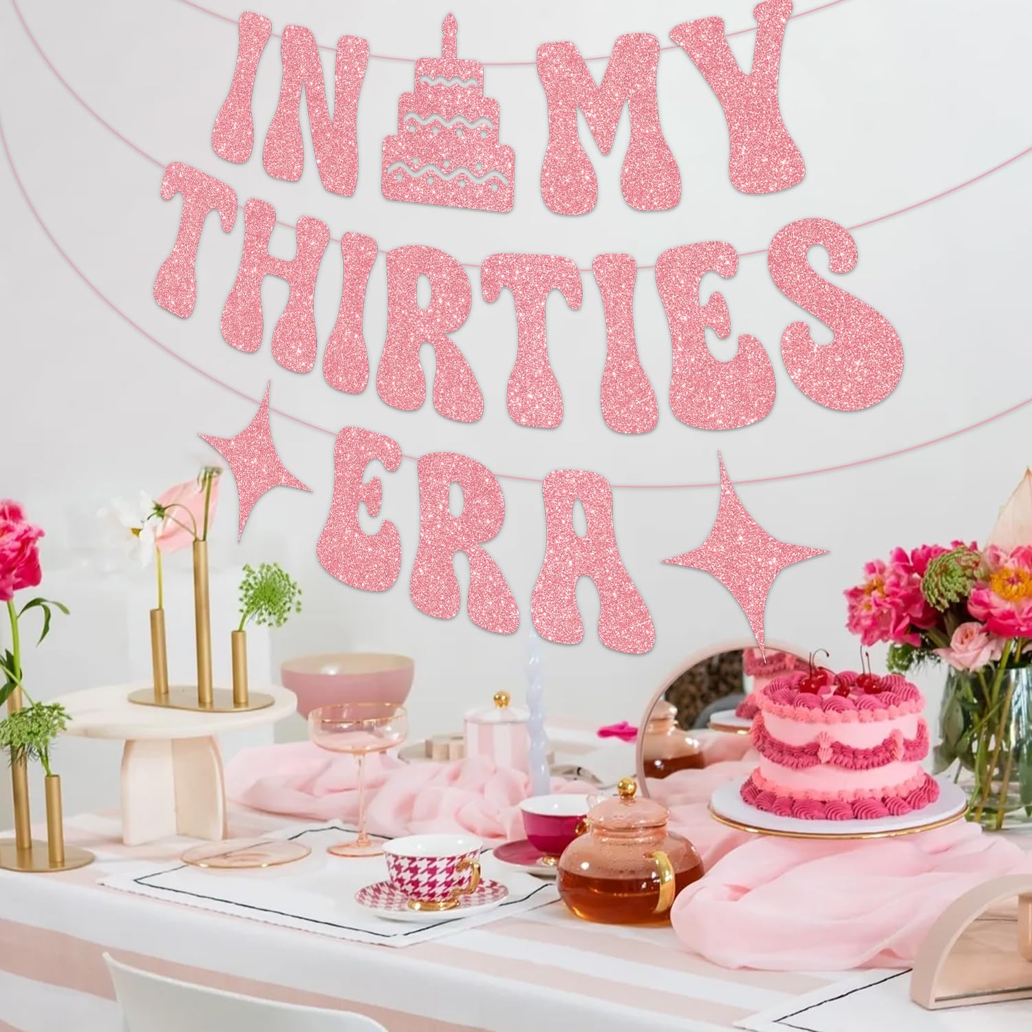 In My Thirties Era Glitter Banner for Her Him 30th Birthday Party Decorations, Pre-Strung Rose Gold Happy Birthday Banner, 30th Birthday Gifts for Women Eras Tour Party Decorations