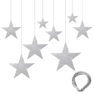 24 pcs silver cardboard stars silver glitter stars cutouts for party decoration 4 sizes glitter star cardboard with nylon string double printed paper star decorations for wedding wall decor