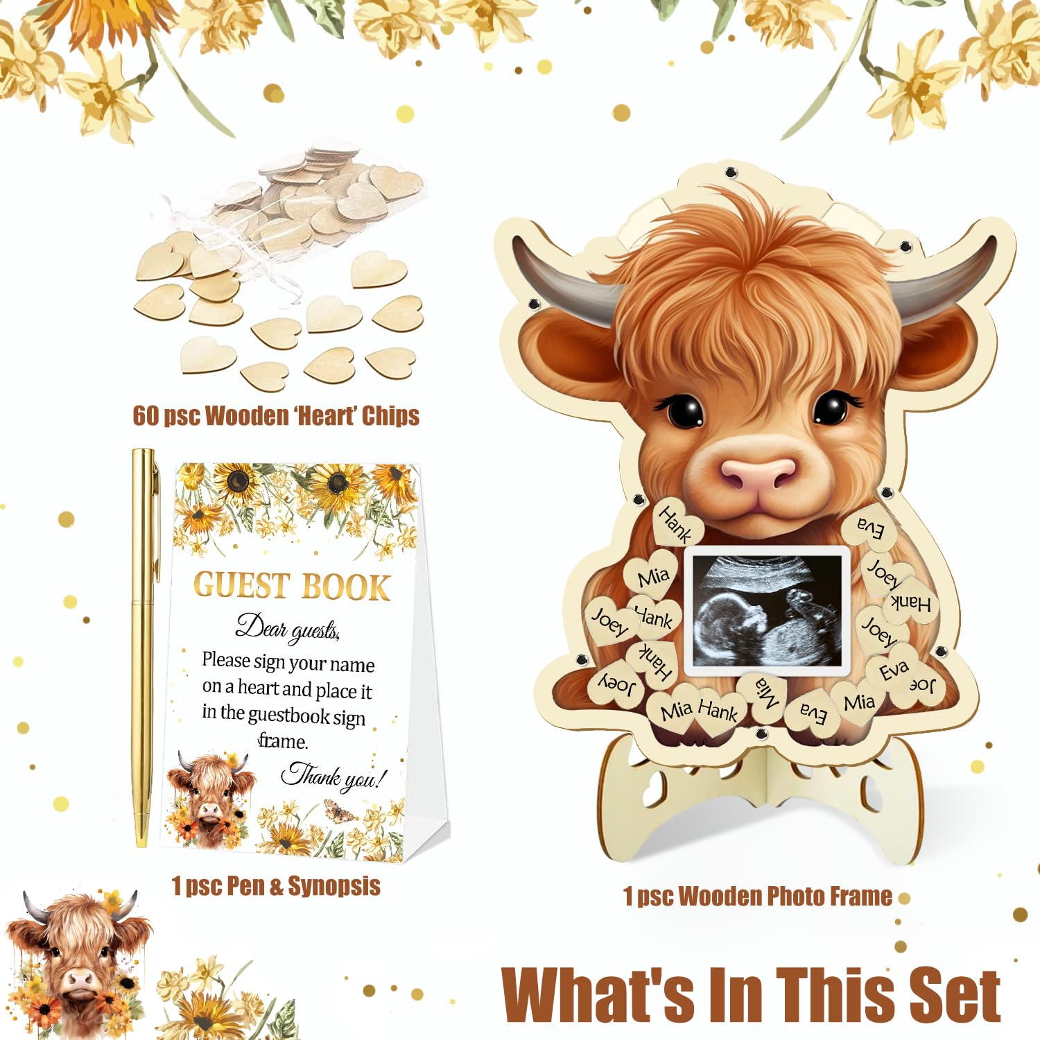 generic 65 Pcs Highland Cow Baby Shower Decorations Guest Book, Baby Shower Guest Book Alternatives with Photo Frame, 60 Wood Slices Cow Baby Shower Guest Book for Boys Grils Baby Shower