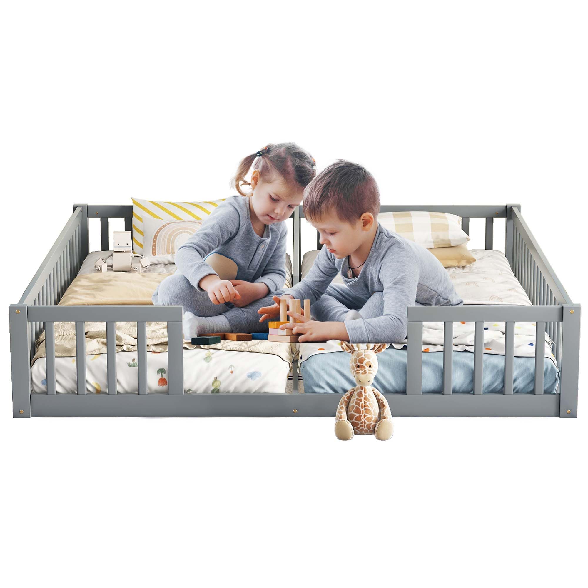 Mirightone Double Twin Bed Frames for Kids, Wood Montessori Bed with Fence Guardrails, Double Twin Floor Bed Side by Side for Boys Girls Children, Grey