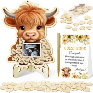 generic 65 pcs highland cow baby shower decorations guest book, baby shower guest book alternatives with photo frame, 60 wood slices cow baby shower guest book for boys grils baby shower