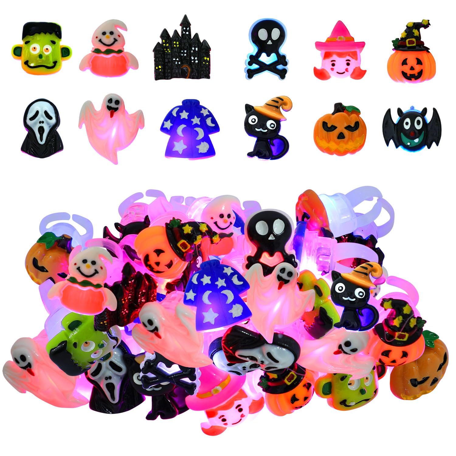 LOMIMOS Halloween 3D Light Up Rings, Resin Ring Toys Goodie Bag Fillers Glow In The Dark Accessory for Kids Treat Bags Gifts Party Favors Supplies(12pcs)