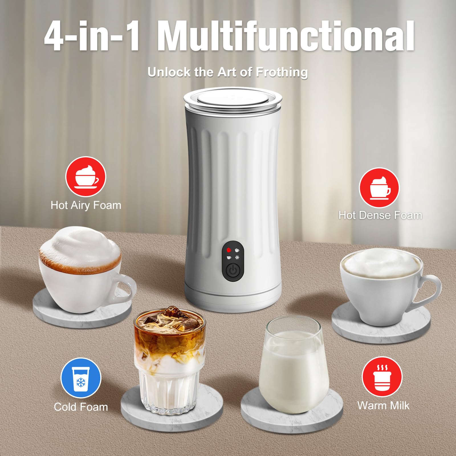 Generic Electric Milk Frother, 4-in-1 Milk Steamer and Frother, 8.1oz/240ml Automatic Warm and Cold Foam Maker, Milk Warmer and Coffee Frother for Latte, Cappuccino, Macchiato(White), SS-001