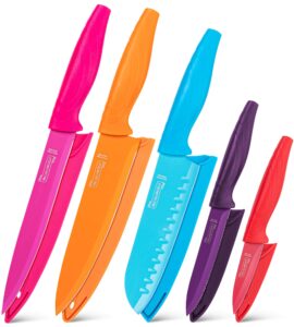 michelangelo kitchen knife set 10 piece, rainbow knife set for kitchen, high carbon stainless steel kitchen knives set, kitchen knife set with covers, colorful knife set- 5 knives and 5 knife covers