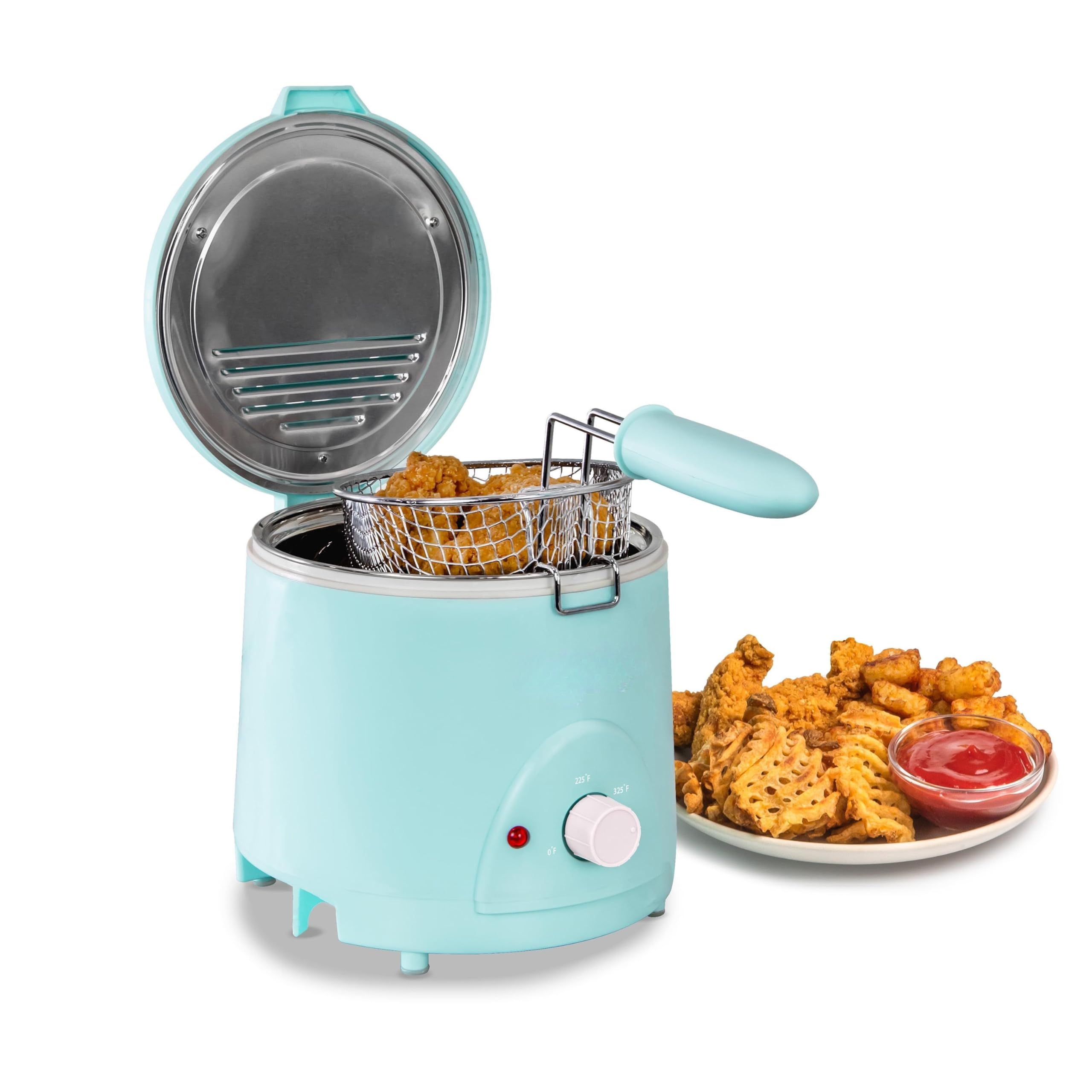 NEW 1.5-QUART DEEP FRYER, BLUE,120°F TO 400°F HEAT, SPACE-SAVING DESIGN, COOK OTHER MEATS, FISH, VEGGIES, CAKES, FRUITS, AND SO MUCH MORE, COOK YOUR FAVORITE DEEP-FRIED FOODS QUICKLY AND EFFICIENTLY.