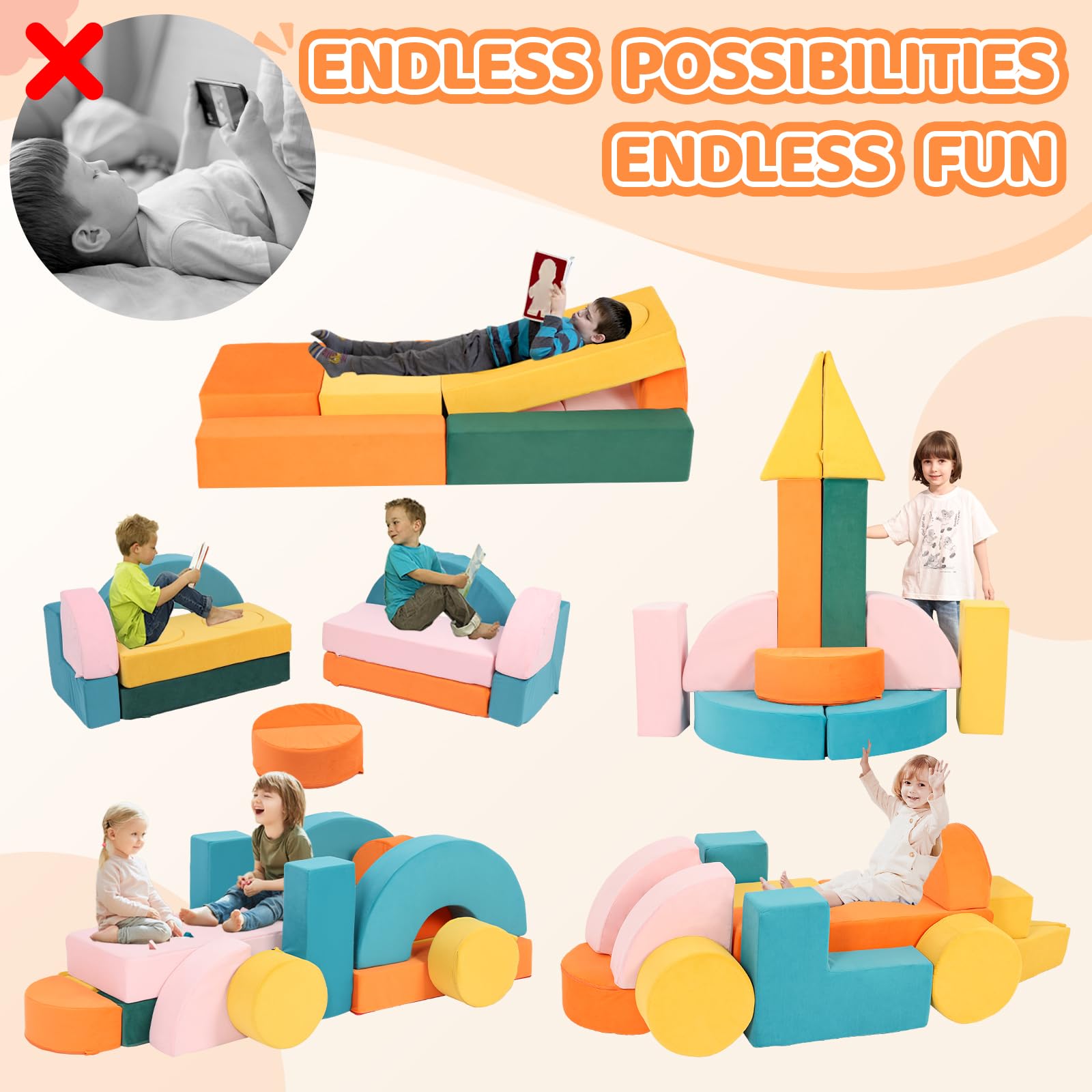 21Pcs Modular Kids Play Couch Building Fort - Multi-Colored Number Puzzle Toddler Play Couch Set for Classroom Bedroom Playroom, Creative Convertible Kids Explorer Sofa Furniture