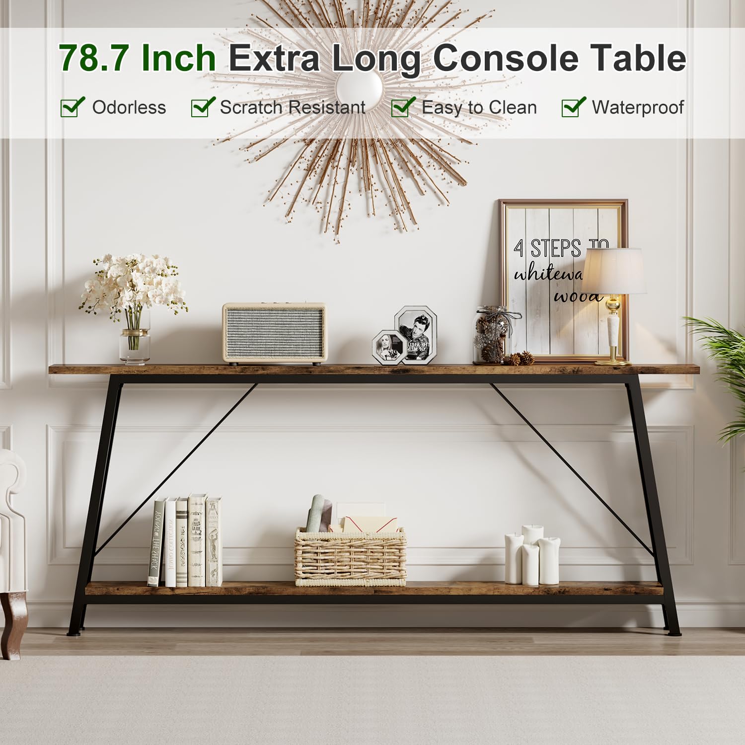 IBUYKE 78.7 Inches Extra Long Sofa Table Behind Couch, Industrial 2-Layer Console Table for Hallway, Entryway & Living Room,Rustic Brown UTMJ063H