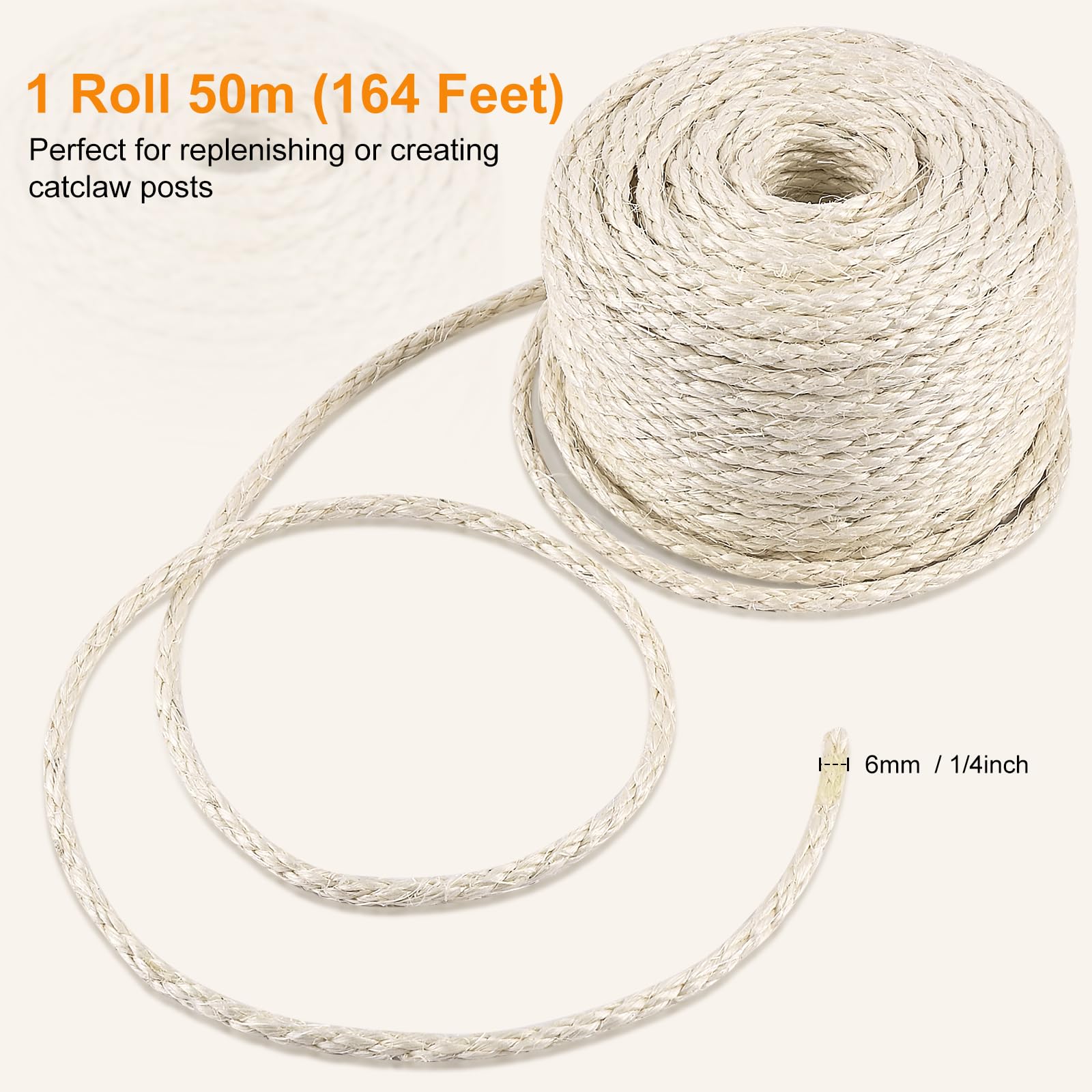 SIsal Rope for Cat Scratcher 1/4" 164 Foot White Natural Sisal Rope for Repairing Cat Scratching Post