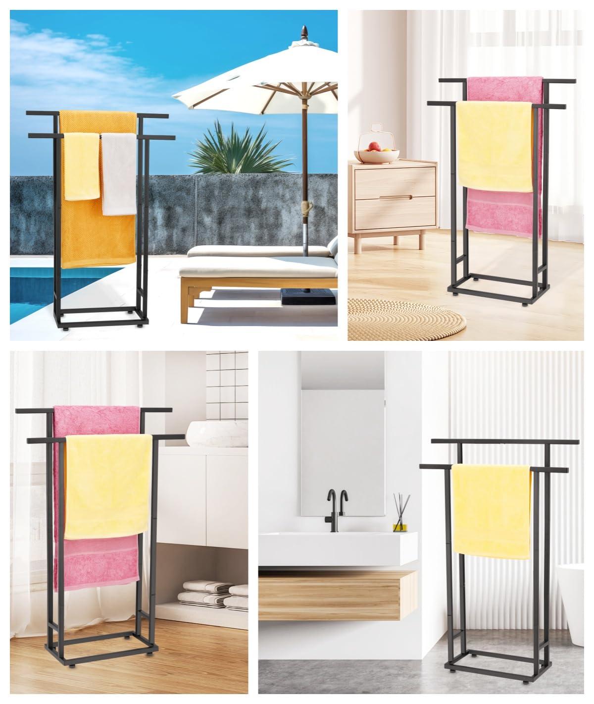 Standing Towel Racks for Bathroom, 2 Tier Bathroom Floor Free Standing Towel Rack, Tall Enough Pool Towel Rack Outdoor Stand for Drying Storage Towels, Black Freestanding Blanket Holder, ALHAKIN