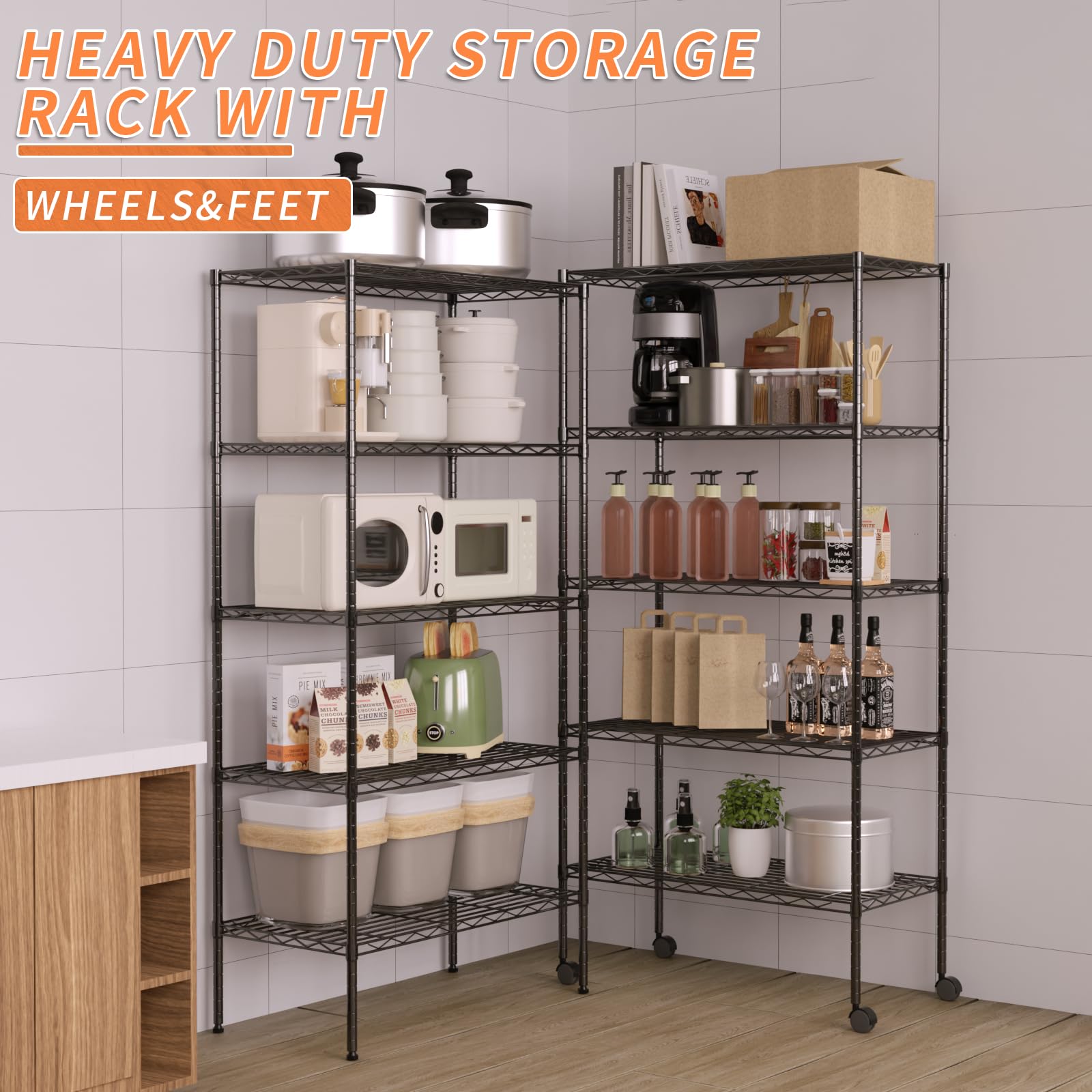 BSTOPHKL Wire Shelving Storage Shelf 5 Tier Wire Shelves Unit, 1500lbs Capacity Adjustable Rolling Metal Racks with Wheels,Metro Shelving Heavy Duty for Kitchen, 30" D x 14" W x 60" H, Black