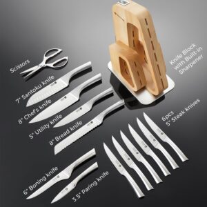 KINGSTONE 14 Pcs Kitchen Knife Set with Block, German Stainless Steel Knife Set with Built-in Sharpener, Dishwasher Safe Knife Block Set(natural, 14pcs)