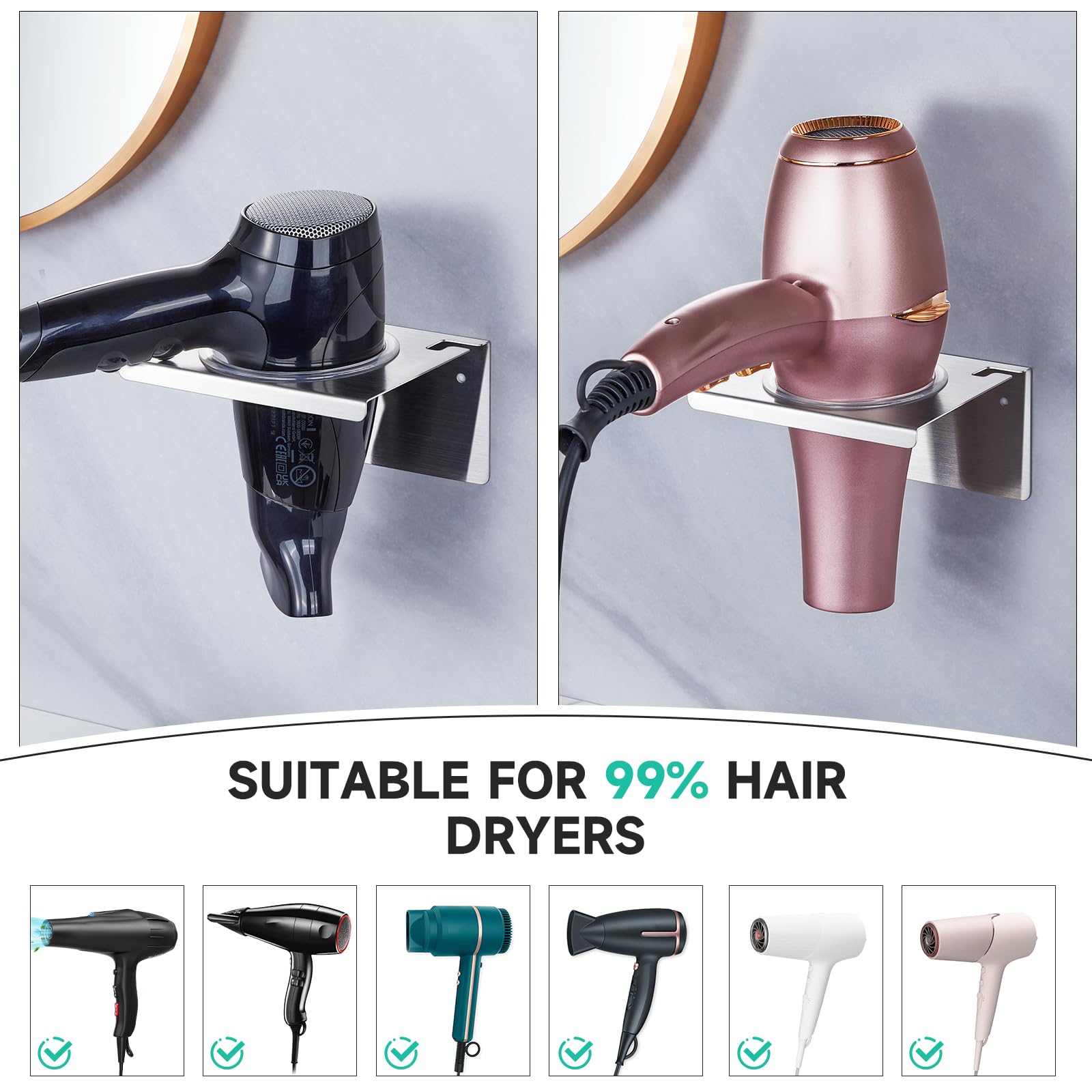 Hair Dryer Holder Wall Mounted, Hair Tool Organizer for Blow Dryer Holder Stainless Steel, Bathroom Hairdryer Holder, Adhesive Hair Dryer Organizer Storage, Hair Dryer Hanger for Vanity Barber Shops