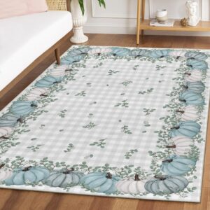 artoid mode blue pumpkins eucalyptus leaves fall area rug, autumn thanksgiving home decor low-profile washable area rugs for entryway bedroom living room laundry room indoor 5x7 feet