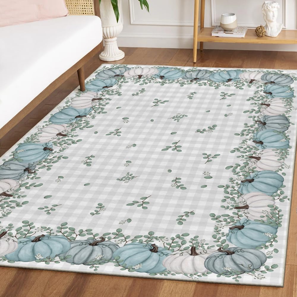 Artoid Mode Blue Pumpkins Eucalyptus Leaves Fall Area Rug, Autumn Thanksgiving Home Decor Low-Profile Washable Area Rugs for Entryway Bedroom Living Room Laundry Room Indoor 5x7 Feet