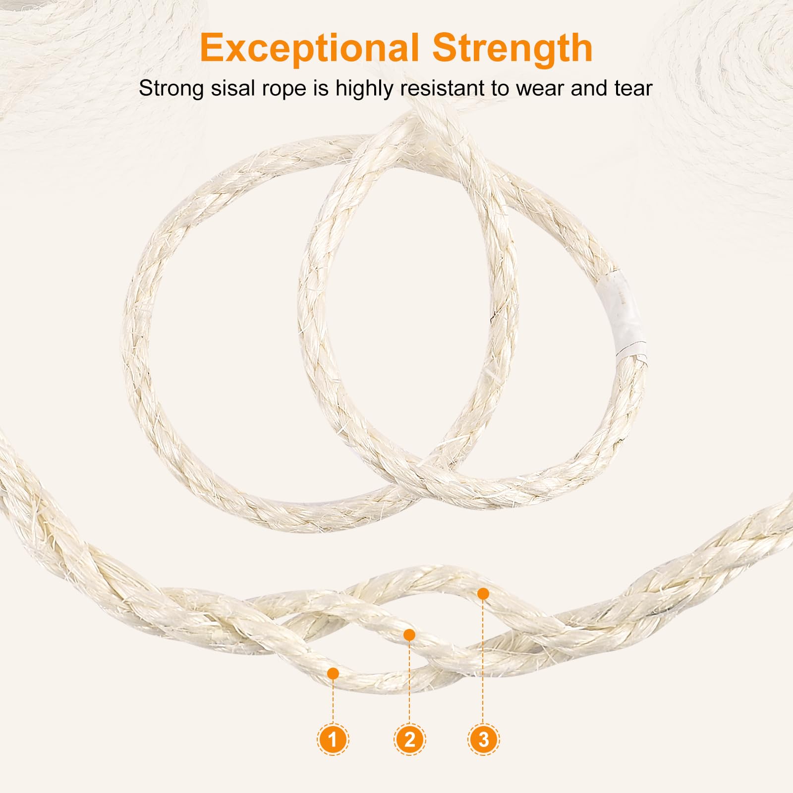 SIsal Rope for Cat Scratcher 1/4" 164 Foot White Natural Sisal Rope for Repairing Cat Scratching Post