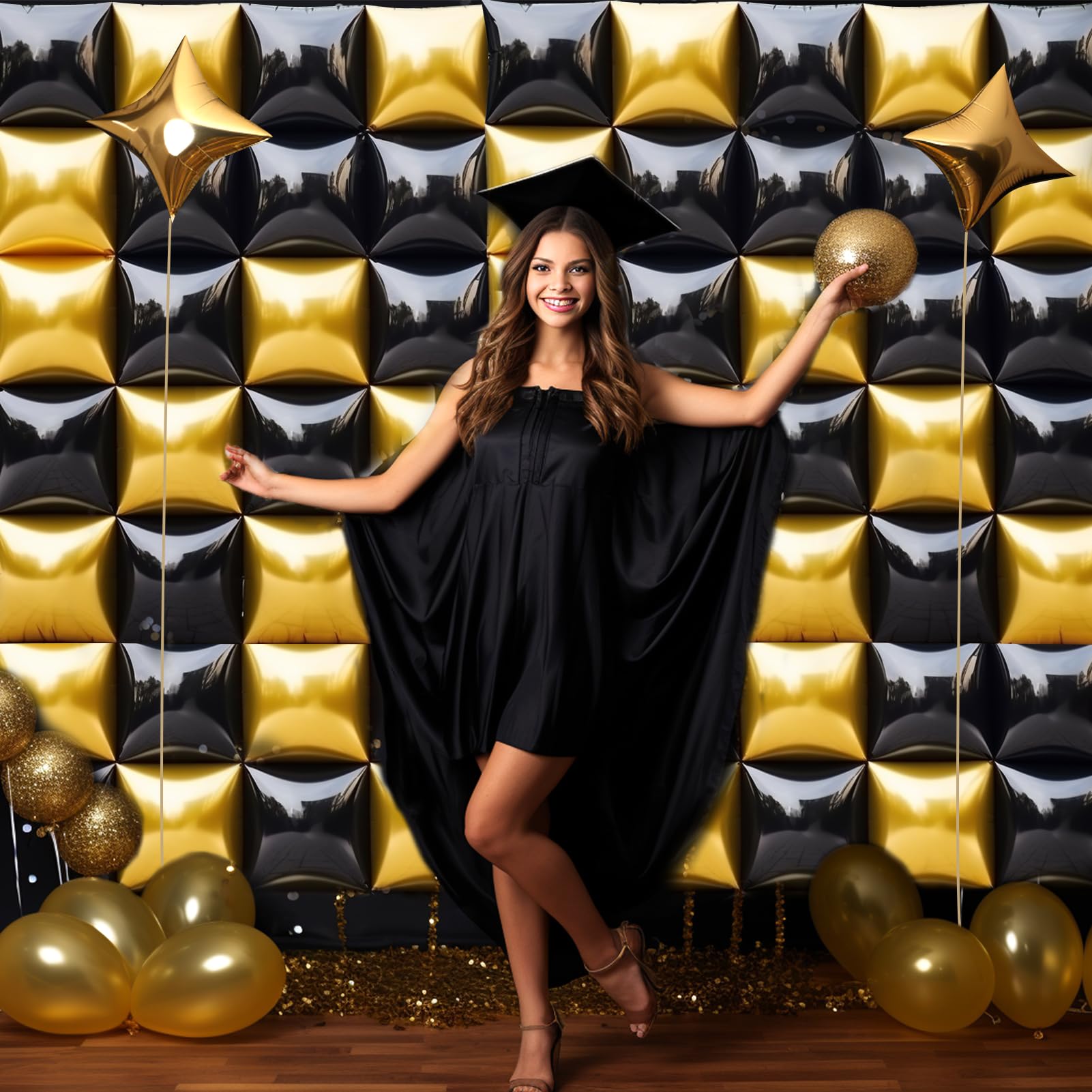 Palksky Black Gold Balloon Backdrop Wall, 25PCS Double Sided Square Foil Balloons, Aluminum Foil Balloons for New Year,Graduation,Birthday,Anniversary,Baby Shower,Retirement Party Decoration Supplies