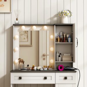 31.5" Makeup Vanity Desk with Mirror and Light, Farmhouse White Vanity with Power Outlet 2 Drawers, 3 Color Lighting Mode, Bedroom Vanity Desk for Girl, Women (31.5inch)