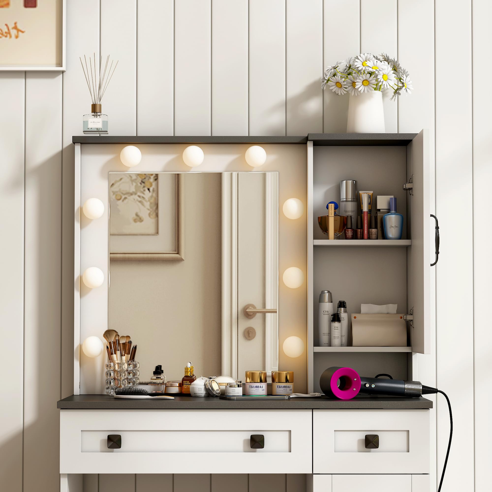 31.5" Makeup Vanity Desk with Mirror and Light, Farmhouse White Vanity with Power Outlet 2 Drawers, 3 Color Lighting Mode, Bedroom Vanity Desk for Girl, Women (31.5inch)