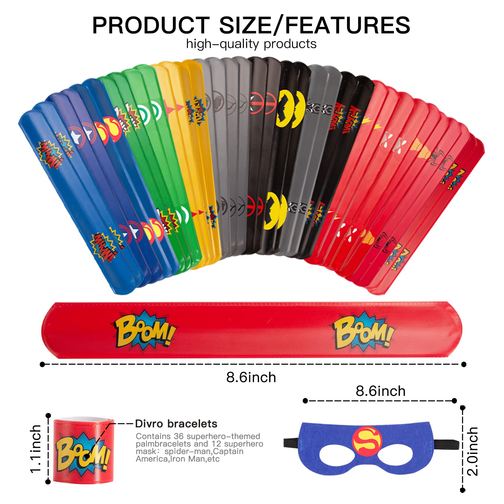 HHMJZW 36PCS Superhero Slap Bracelet and 12PCS Superhero Party Masks for Kids Baby - 48PCS The Avengers Super Heroes Birthday Party Supplies Favors Children/Kids/Adults, Red