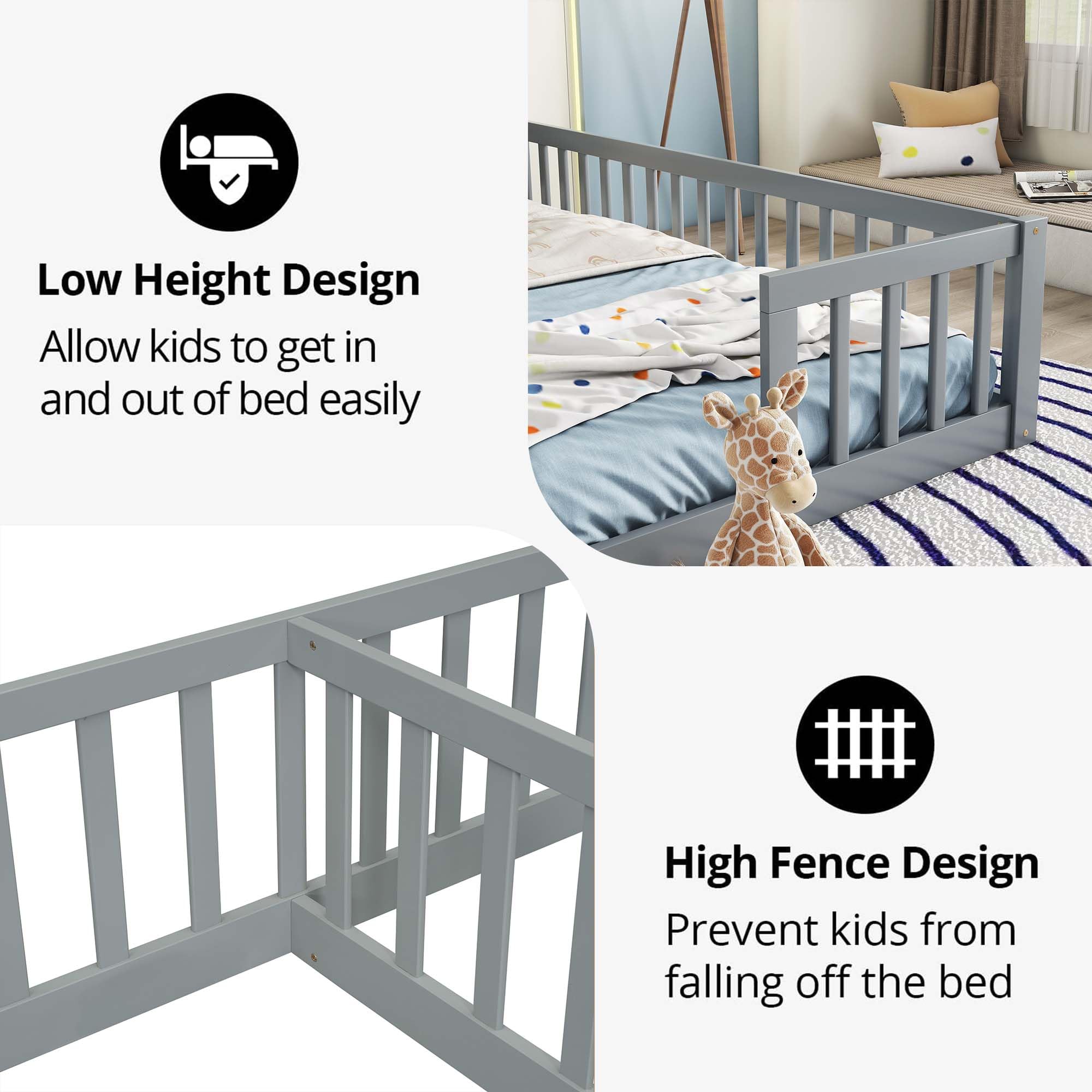 Mirightone Double Twin Bed Frames for Kids, Wood Montessori Bed with Fence Guardrails, Double Twin Floor Bed Side by Side for Boys Girls Children, Grey