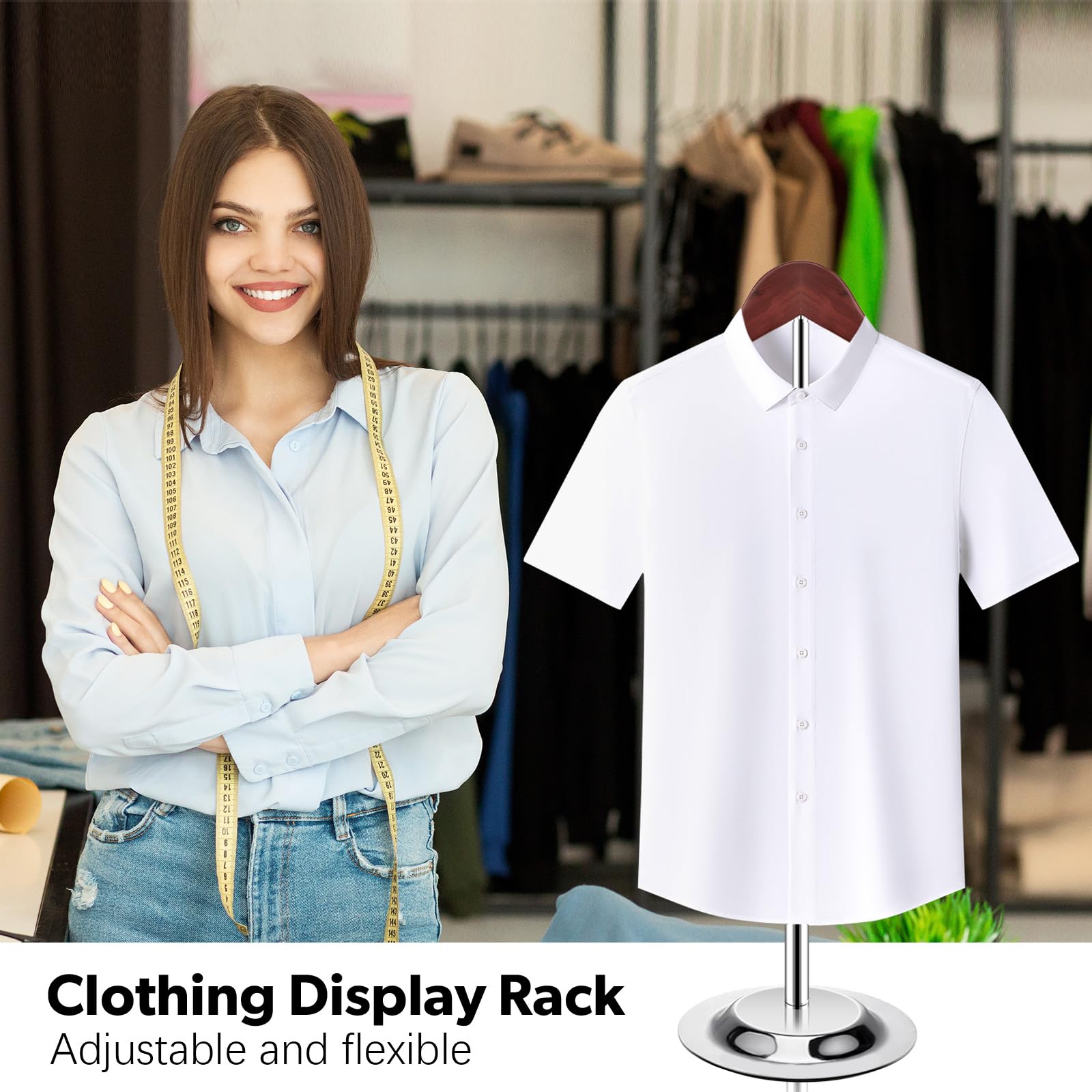 T Shirt Display stand for Vendors, Adjustable Tshirt Shoulder Stand, Portable Hanging wooden Clothes Rack, Flexible Hanger Rack for Clothing Dress Jacket Coat Retail, Height 18.5-31.5 Inch (1 Pcs)